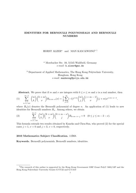 Pdf Identities For Bernoulli Polynomials And Bernoulli Numbers