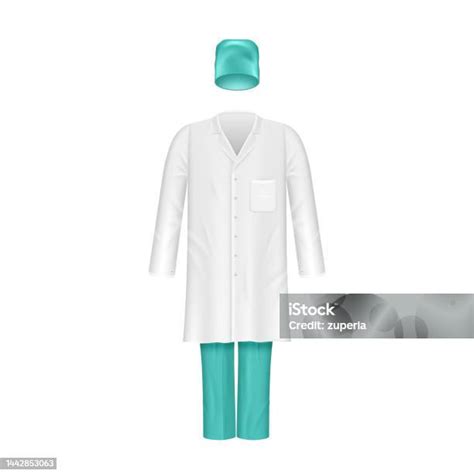 현실적인 의사 코트 옷 의료 실험실 유니폼 모자 가운 바지 실험실 작업자 의류 건강관리와 의술에 대한 스톡 벡터 아트 및 기타 이미지 건강관리와 의술 구급대원 드레스