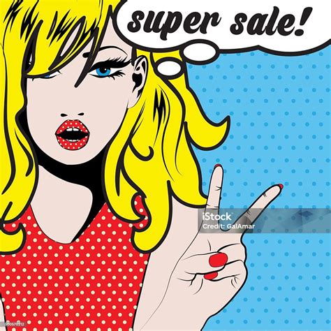 팝아트 여자 수퍼 세일 사인이 보입니다 벡터 일러스트레이션 2015년에 대한 스톡 벡터 아트 및 기타 이미지 2015년 관능 노랑 Istock
