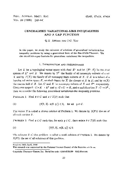 Pdf Generalised Variational Like Inequalities And A Gap Function