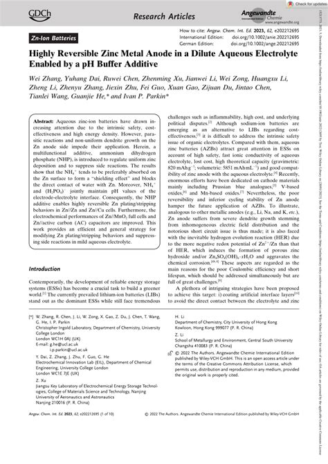 Pdf Highly Reversible Zinc Metal Anode In A Dilute Aqueous Electrolyte Enabled By A Ph Buffer