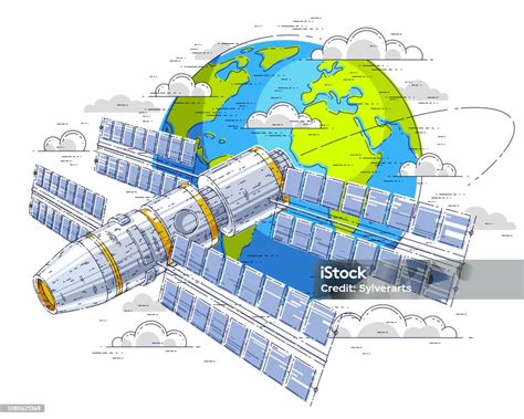 우주 정거장 은 지구 주위에 궤도 우주 비행을 비행 우주선 우주선은 태양 전지 패널 인공 위성이다 얇은 선 3d 벡터 그림 0명에 대한 스톡 벡터 아트 및 기타 이미지