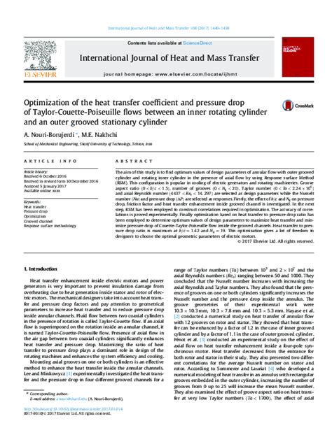 Pdf Optimization Of The Heat Transfer Coefficient And Pressure Drop Of Taylor Couette
