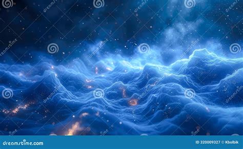 Abstract Blue Energy Waves From Particles Of Futuristic High Tech Glowing Background Stock