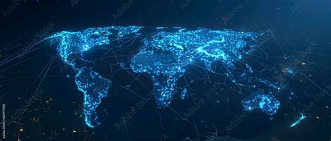 Abstract Digital World Map On Blue Background With Binary Code And Global Network Connection