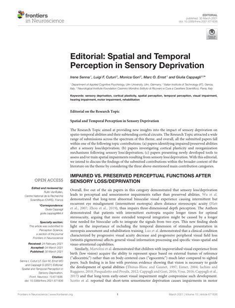 Pdf Editorial Spatial And Temporal Perception In Sensory Deprivation