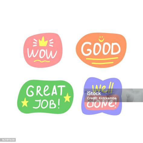 동기 부여 패치 컬렉션 스티커 배지 따옴표 낙서 및 글자가 있는 어린이용 지문 와우 잘했어 잘했어 귀여운 만화 벡터입니다 플랫 스타일 영감을주는 삽화 개념에 대한 스톡 벡터