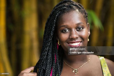 Afro Brazilian Young Woman Smiling Bamboo Plantation At Background Rio