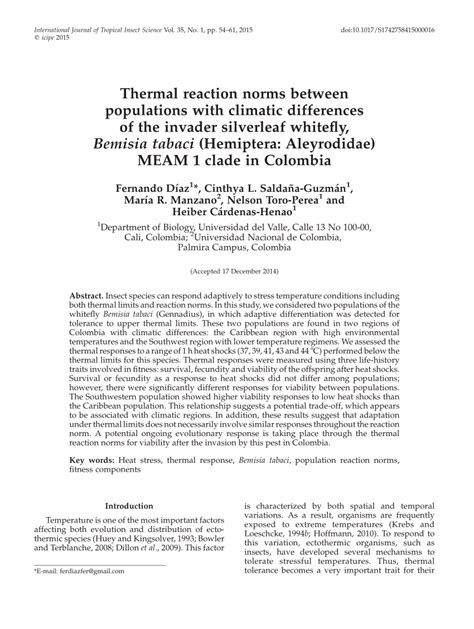 Pdf Thermal Reaction Norms Between Populations With Climatic Differences Of The Invader