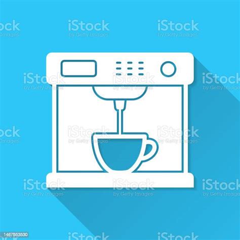 커피 머신 파란색 배경에 아이콘 긴 그림자가 있는 평면 디자인 3차원 형태에 대한 스톡 벡터 아트 및 기타 이미지 3차원
