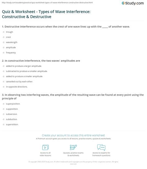 Quiz And Worksheet Types Of Wave Interference Constructive And Destructive