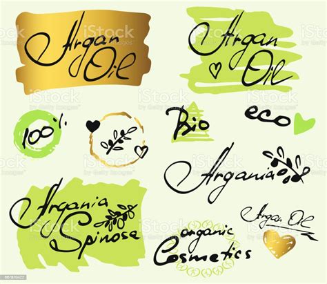 손으로 그린 요소 단어 Argan 오일 에코 유기농 화장품 바이오 설정 아르간나무에 대한 스톡 벡터 아트 및 기타 이미지 아르간나무 건강관리와 의술 건강한 생활방식