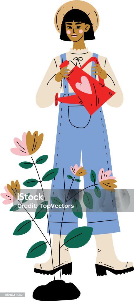 물 수 있는 젊은 여자 급수 식물 소녀 정원사 문자 직장에서 벡터 일러스트 레이 션 여름에 대한 스톡 벡터 아트 및 기타 이미지 여름 원예 계절 Istock