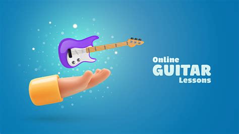 3d 만화 인간의 손 들고 장난감 일렉트릭 기타 벡터 일러스트 레이 션 파란색 배경에 작은 문자열 음악 장비 온라인 기타 레슨 배너 템플릿 3차원 형태에 대한 스톡 벡터