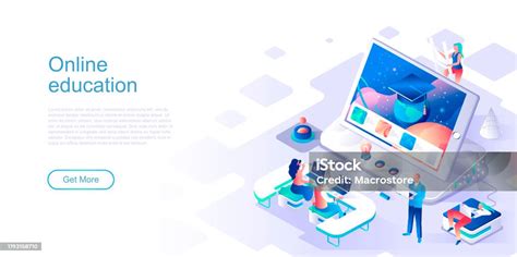온라인 교육 방문 페이지 벡터 템플릿입니다 아이소메트릭 일러스트가 있는 먼 아카데믹 클래스 웹 사이트 헤더 Ui 레이아웃 3차원