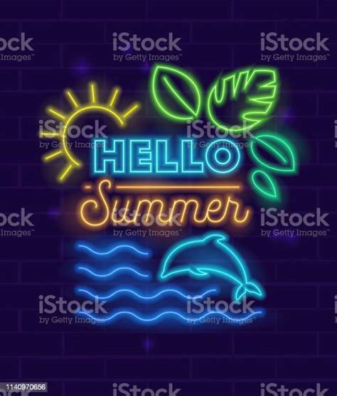 안녕하세요 네온 스타일 벽돌 벽 배경에 요소와 타이포 그래피와 함께 여름 배너 바다 파도에 빛나는 태양 열 대 잎과 돌고래 비치 파티 전단지 포스터 벡터 일러스트 레이 션