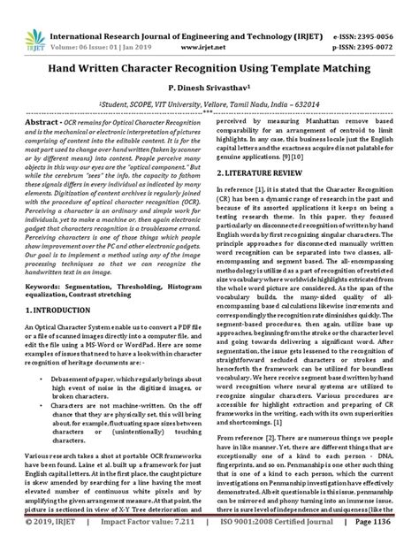Irjet Hand Written Character Recognition Using Template Matching Pdf Optical Character