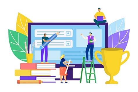Ux Ui 디자인 기술 개념 벡터 일러스트레이션 사람들 노동자 캐릭터는 거대한 컴퓨터 화면에서 인터페이스 개발을합니다 플랫 그래픽 개념에 대한 스톡 벡터 아트 및 기타