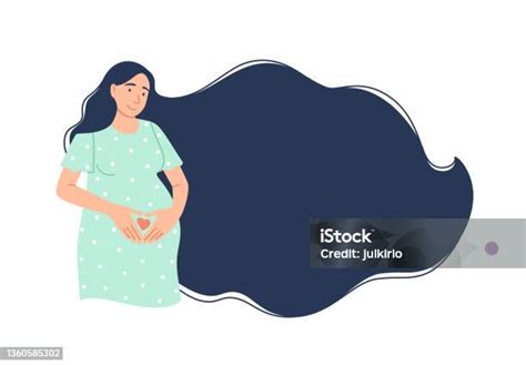 텍스트 공간이 있는 임신 배경 또는 배너입니다 아기 출산을 기다리는 평평한 행복한 미소 임신 한 여성 임신 한 배 벡터 일러스트에 심장 모양 손 제스처와 백인 임산부 소녀