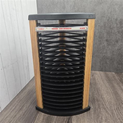 Fellowes 1990s Cd Tower Rack Wood And Black Plastic Holds 20 Cds Retro