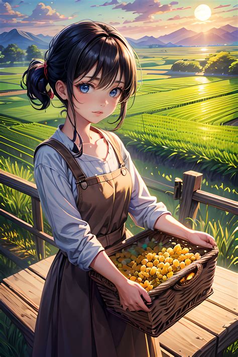 들판 벤치에 포도 바구니를 들고 있는 애니메이션 소녀 Seaart Ai