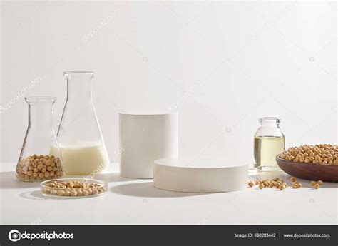 Laboratory Glassware Filled Soybean Milk Oil Soybean Seeds Arranged