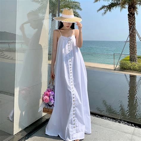 고급 화이트 스팽글 슬링 드레스 불멸의 큰 Hemline 휴가 긴 드레스 여름 느슨한 슬리밍 드레스 여성 Aliexpress