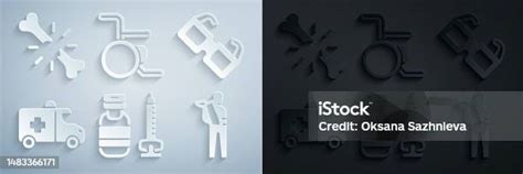 주사기 안경 응급 차량 인간의 부러진 팔 휠체어 및 뼈 아이콘을 설정합니다 벡터 3차원 형태에 대한 스톡 벡터 아트 및 기타 이미지 3차원 형태 건강 진단 건강관리와