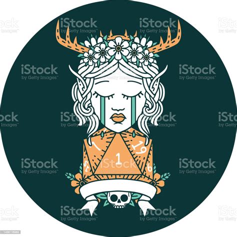 슬픈 엘프 드루이드 캐릭터 얼굴의 아이콘 자연 하나 D20 롤 굴리기에 대한 스톡 벡터 아트 및 기타 이미지 굴리기 꼬마