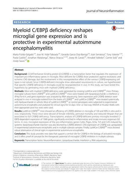 Pdf Myeloid C Ebpβ Deficiency Reshapes Microglial Gene Expression And Is Protective In