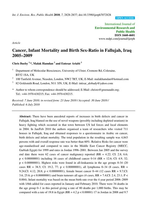 Pdf Cancer Infant Mortality And Birth Sex Ratio In Fallujah Iraq