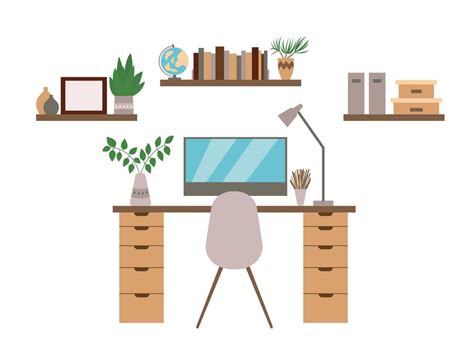 Modern Workspace With Computer Table Chair Lamp And Bookshelves Flat