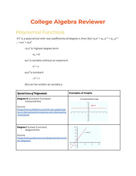 College Algebra Notes On Polynomial Functions College Algebra Reviewer Polynomial Functions