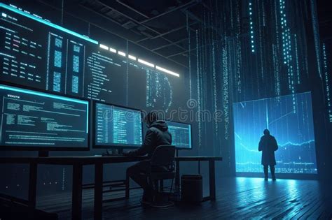 high tech coding environment with multiple computer screens displaying