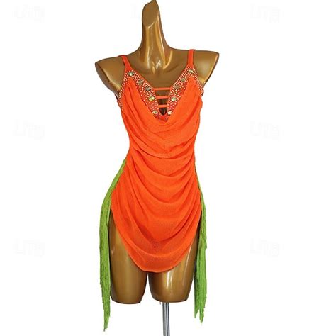Latin Dance Dress Rhinestone Tassel Womens Performance Training