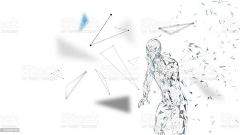 개념적 추상 남자 사람에 게 고 함입니다 흰색 바탕에 입자 삼각형 점 라인 연결 인공 지능 개념입니다 첨단 기술 벡터 디지털 배경입니다 3d 렌더링 벡터 일러스트 레이 션