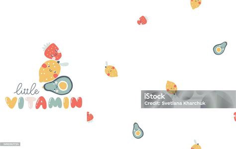 웃는 얼굴의 재미있는 비문이 새겨진 과일 캐릭터 작은 비타민 이음새가 없는 본으로 놓으십시오 단순하고 순진한 스타일의 손으로 그린 만화 낙서 아이들을 위한 벡터 삽화 귀여운