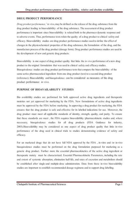 Drug Product Performancerelative And Absolute Bioavailability Pdf