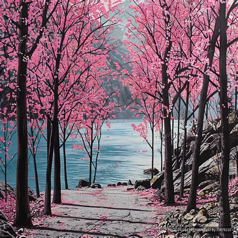 Ai创作图无框画桃花节桃花林 湖路紫荆花花树 湖边樱花路 湖边樱花树 粉色的森林 粉色桃花林 粉色的树的奇幻超现实景观 中国红樱林 粉红色的奇幻景观与粉红色的水 无框画桃花节桃花园区 粉红色的