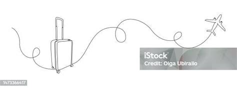 여행 가방과 비행기가 하나의 연속 선 그리기 간단한 선형 스타일의 수하물 및 여행 수하물 개념이 있는 휴가 항공 여행 및 여행 배너 낙서 개요 벡터 일러스트 레이 션