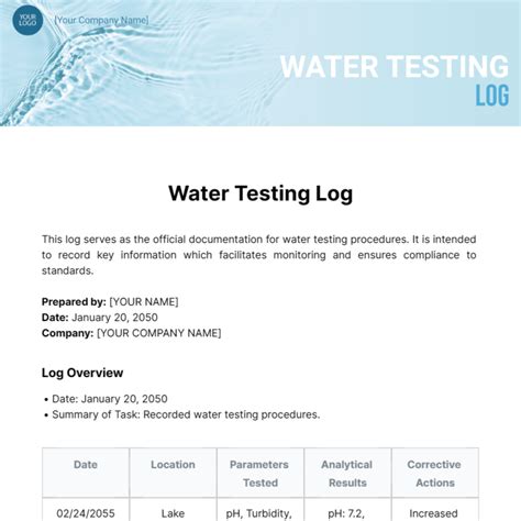 Free Water Testing Log Template To Edit Online