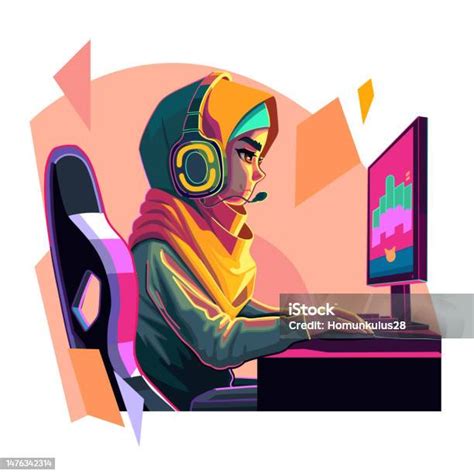 헤드셋을 쓴 소녀 게이머 또는 스트리머가 컴퓨터 앞에 앉아 있습니다 Championship에 대한 스톡 벡터 아트 및 기타