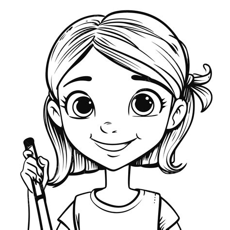 Gadis Cantik Memegang Halaman Mewarnai Pensil Menguraikan Gambar Sketsa Vektor Gambar Selfie