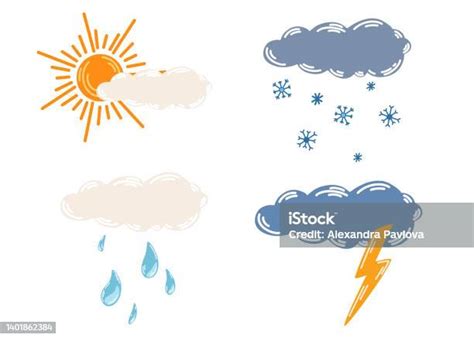 날씨 구름 비 눈 뇌우와 태양과 다른 구름 기상의 웹 인쇄 및 응용 프로그램을위한 천둥 번개 날씨 기호 벡터 손으로 그린 그림 격리 날씨에 대한 스톡 벡터 아트 및 기타