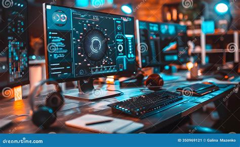 High Tech Workspace With Multiple Monitors Displaying Futuristic Graphics In A Cyberpunk Style