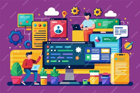 A Vibrant Illustration Displays Individuals Engaged In Programming With Customizable Software