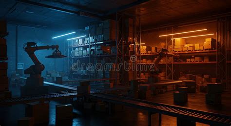 Automated Warehouse With Robotic Arms Sorting Boxes On Conveyor Belts Stock Illustration