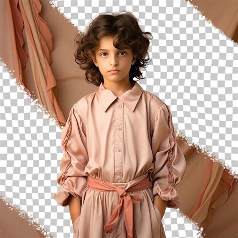 포토그래퍼 의 의상 을 입은 절망적 인 슬라브 유치원생 이 파스텔 페이치 와 대비 하여 포즈 를 취 한다 프리미엄 Psd 파일