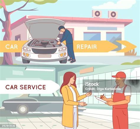자동차 수리 서비스 정비공은 엔진을 검사하고 클라이언트는 기술자 유지 보수 작업장 작업자 및 차량 만화 평면 스타일의 고립 된