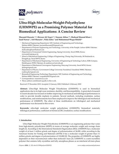 Pdf Ultra High Molecular Weight Polyethylene Uhmwpe As A Promising Polymer Material For